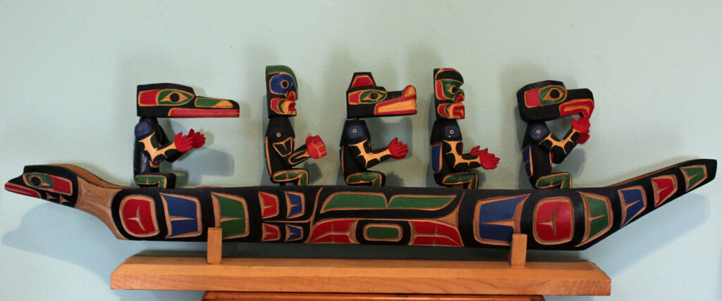 First Nations Canoe with Five Rowing Figures - Forest Gems Gallery